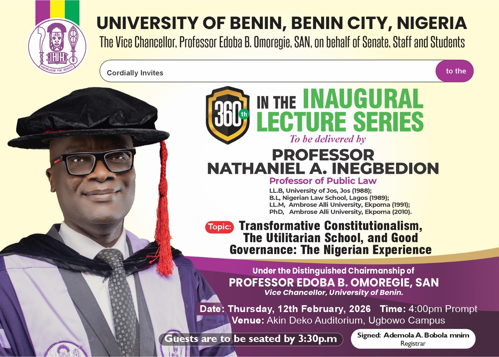 360TH INAUGURAL LECTURE SERIES UNIVERSITY OF BENIN – UniBEN News